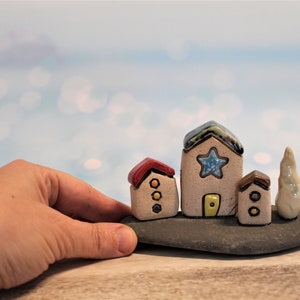 Ceramic Houses and a Tree on a Natural Stone, Original Art Object ...