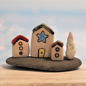 Ceramic Houses and a Tree on a Natural Stone, Original Art Object ...