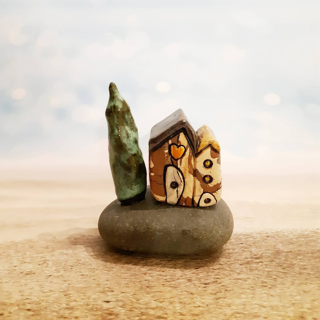 Small Ceramic Home Decor of a Miniature Rustic Cottage and Tree Made of ...
