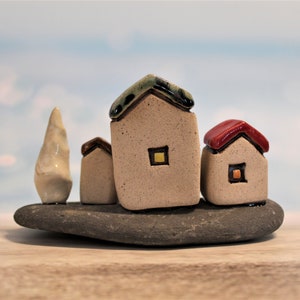 Ceramic Houses and a Tree on a Natural Stone, Original Art Object ...