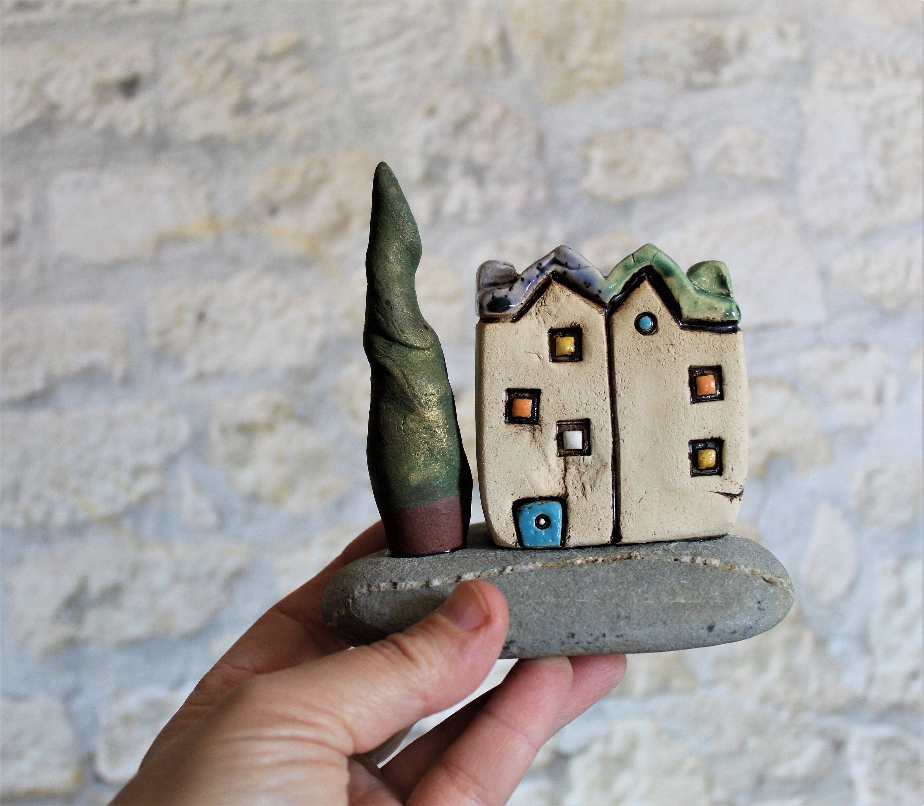 Small rustic art home decor of clay village house with a tree | Etsy