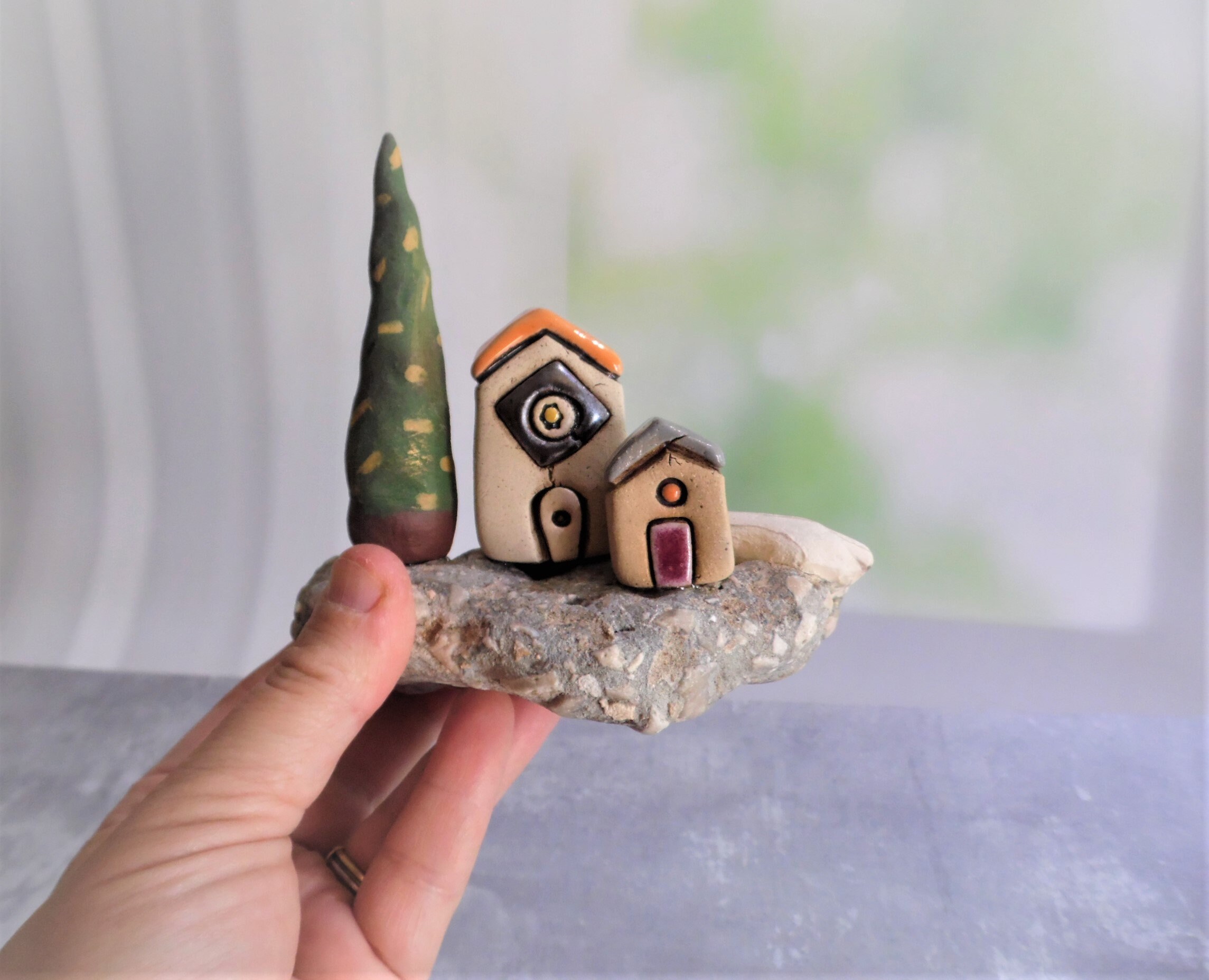 Small Village of Two Ceramic Houses and a Tree on a Natural | Etsy