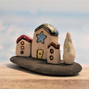 Ceramic Houses and a Tree on a Natural Stone, Original Art Object ...