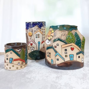 Hand Made Pottery of a Small Ceramic Vase With Village View Carved All ...