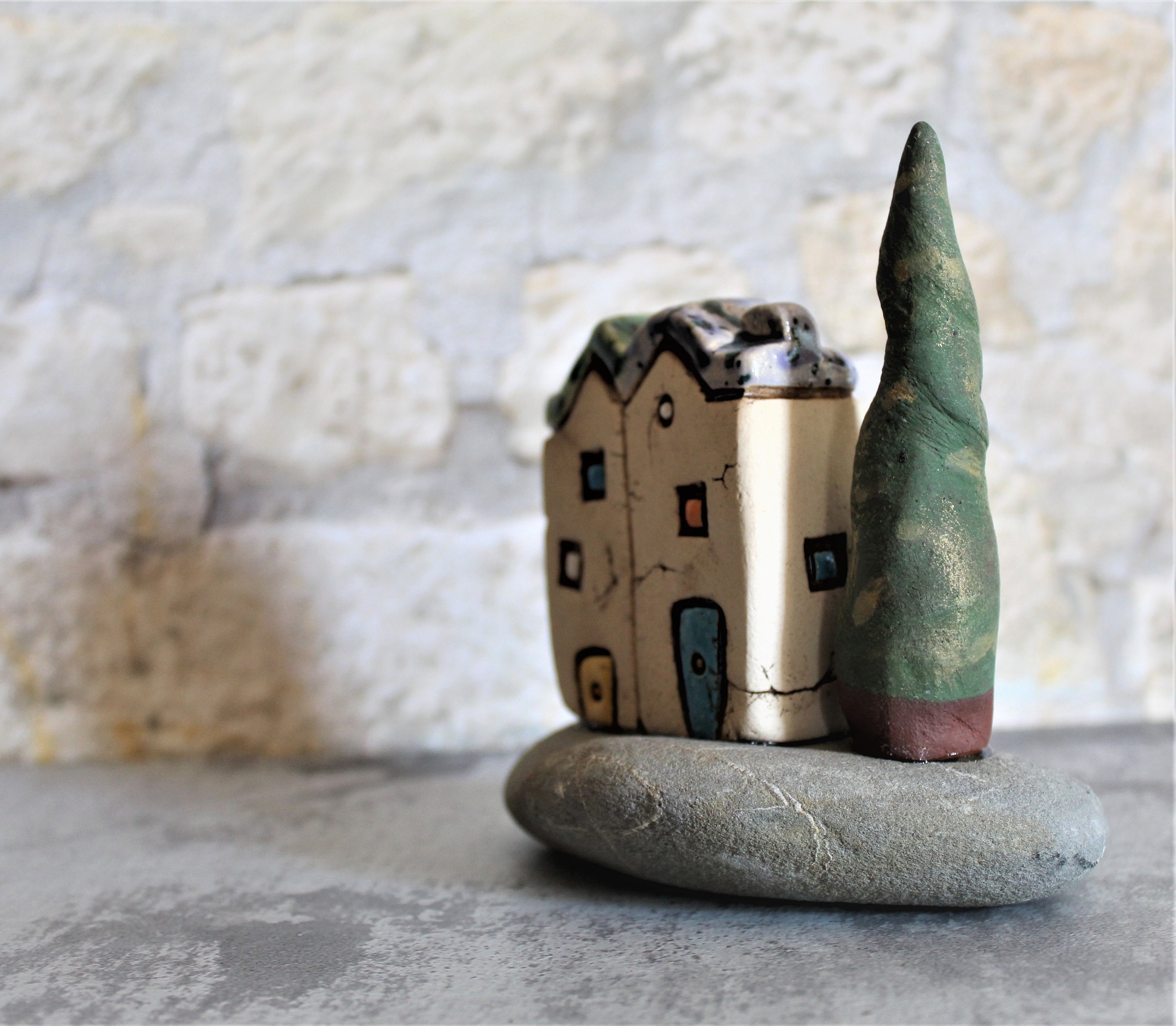 Small Rustic Art Home Decor of Clay Village House With a Tree - Etsy