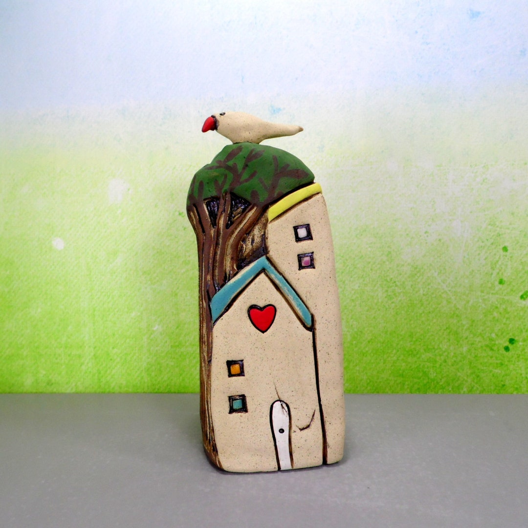 Fine Art Ceramic Sculpture of a Colorful House With a Tree and Bird ...