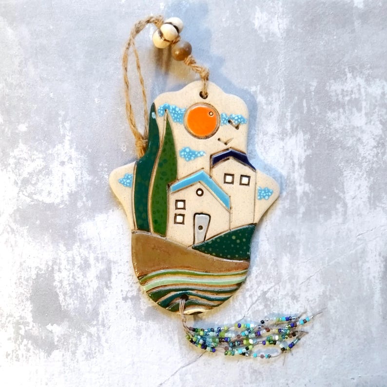 Large Hanging Wall Decor, Large Handmade Ceramic Hamsa With an Israeli ...