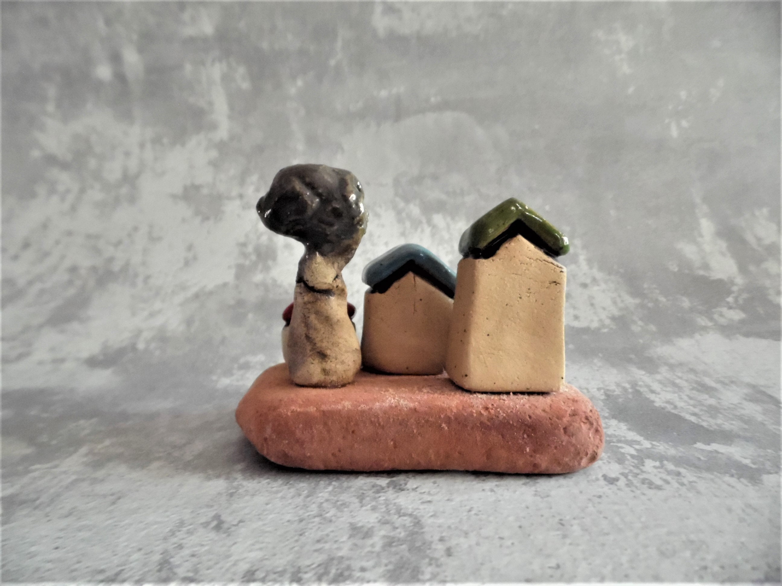 Miniature ceramic village with clay houses on a roof tile | Etsy