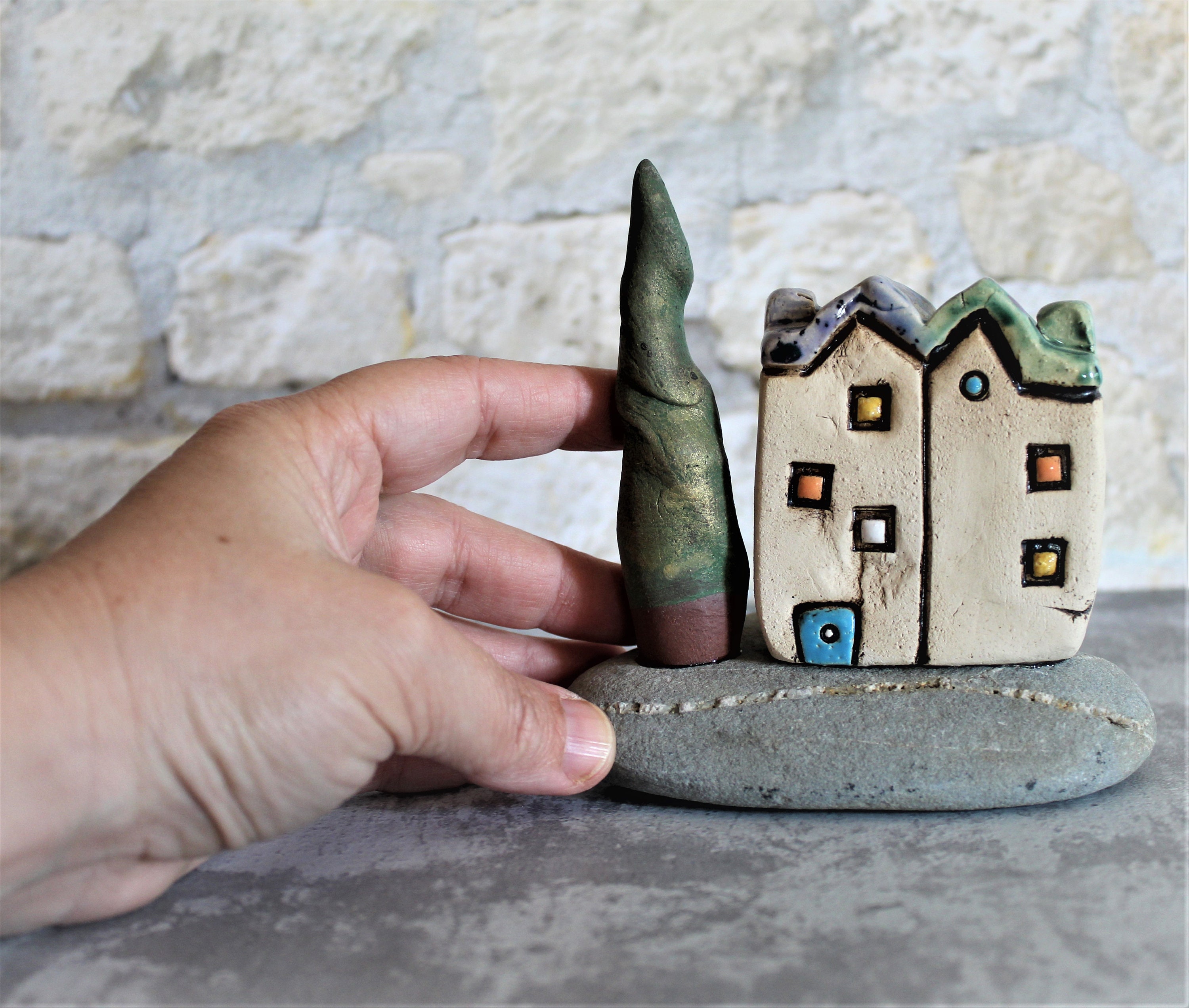 Small Rustic Art Home Decor of Clay Village House With a Tree | Etsy