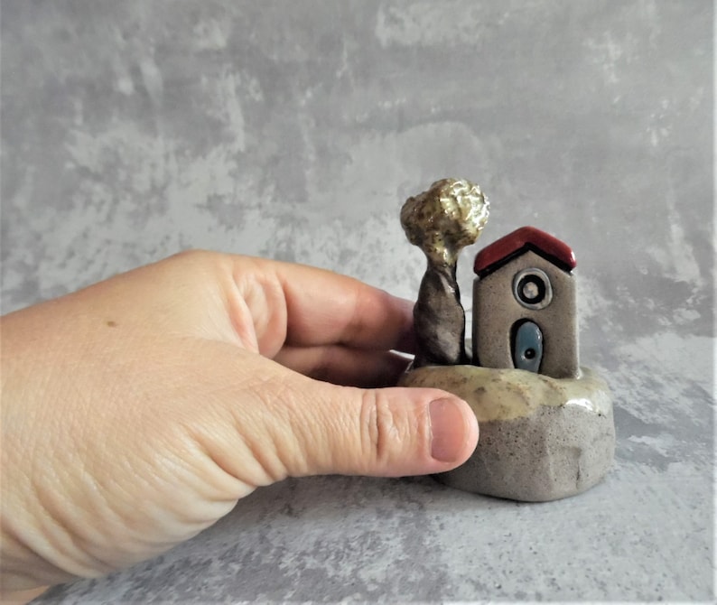 Small Sculpture of a Gray Rustic House and a Tree, Ceramic Miniature ...