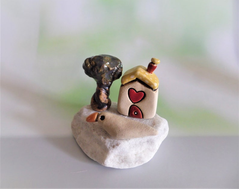 Miniature House Sculpture With a Bird and a Tree on a Quartz - Etsy