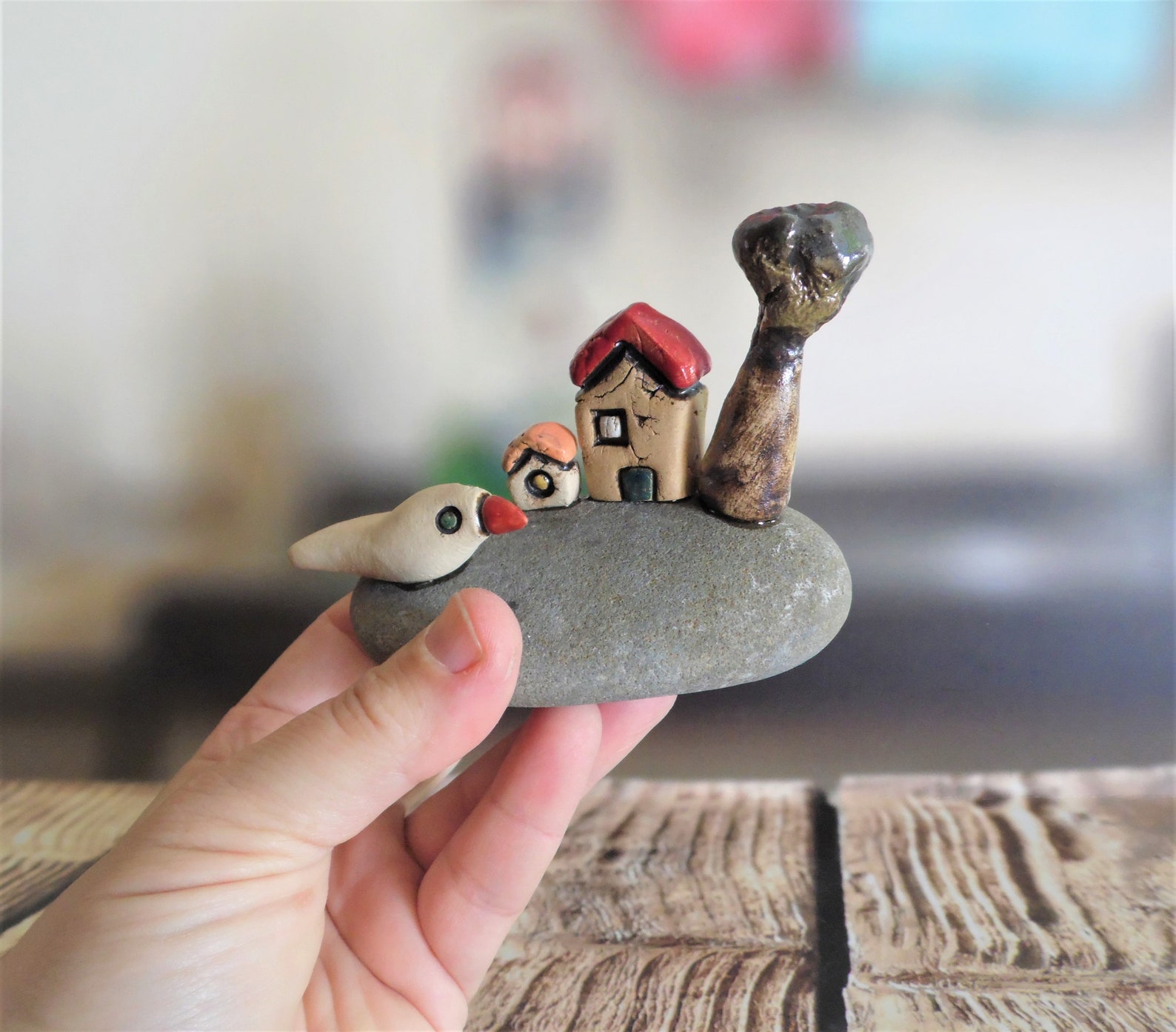 Ceramic Gift of a Miniature Including Two Little Clay Houses, a Tree ...