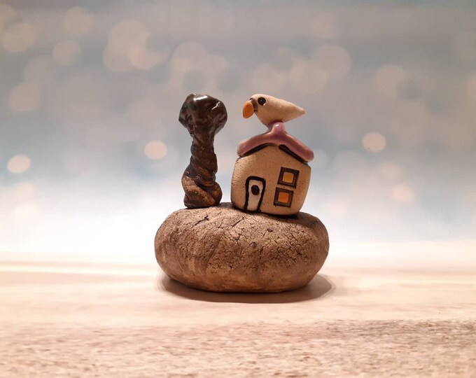 Small Ceramic Sculpture of a Whimsical House With a Clay Bird and a ...