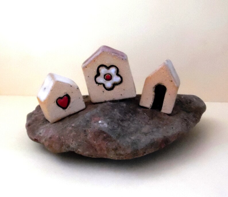 Ceramic miniature houses on natural stone ceramic sculpture | Etsy