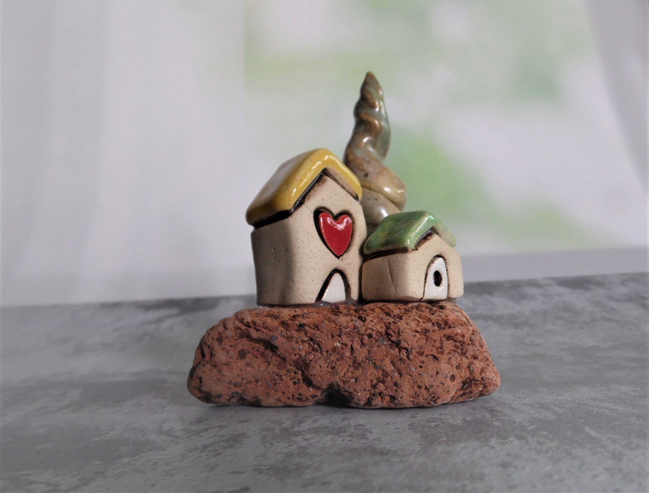 Ceramic miniature of two tiny houses and a tree on a natural | Etsy