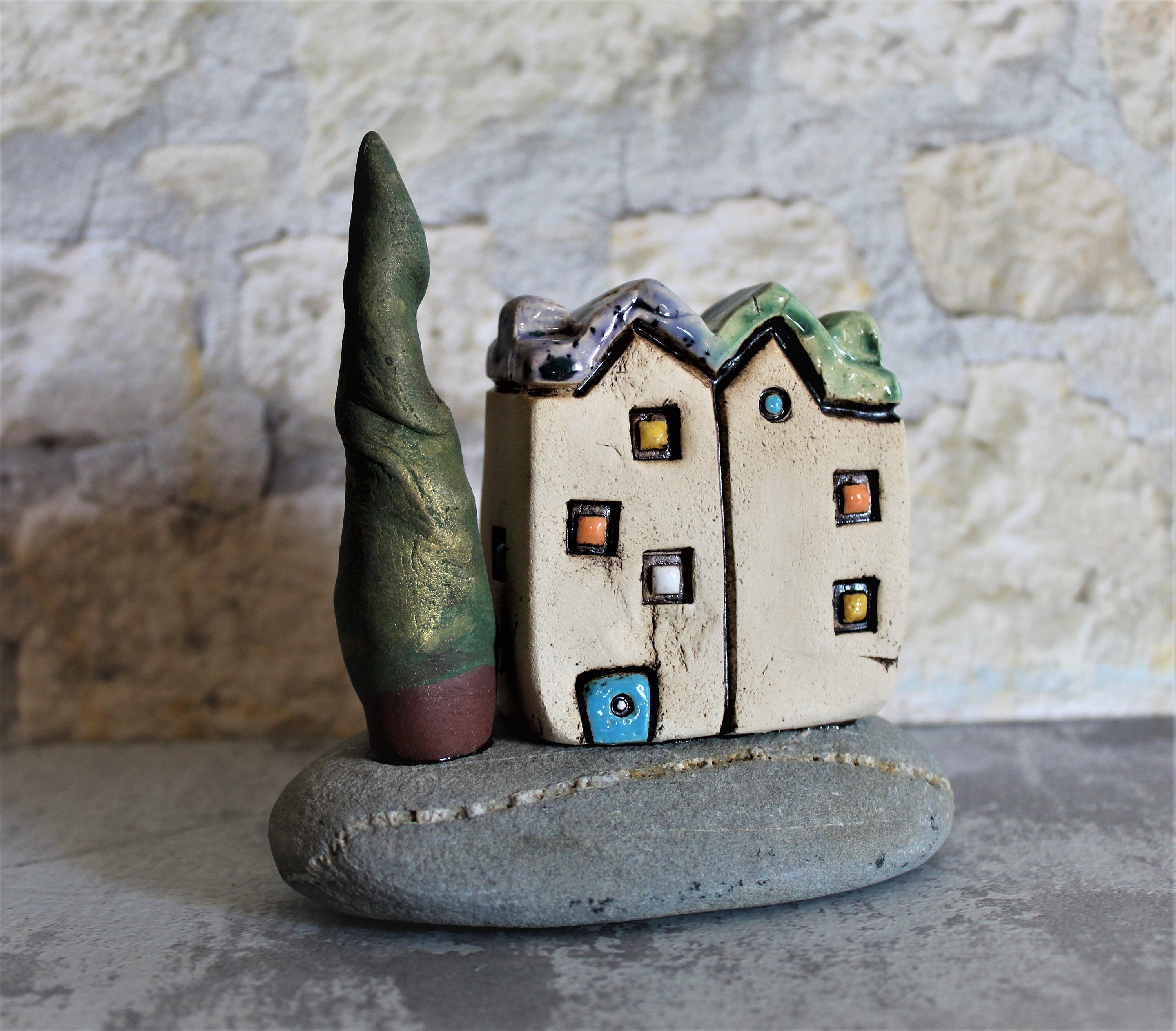 Small Rustic Art Home Decor of Clay Village House With a Tree - Etsy