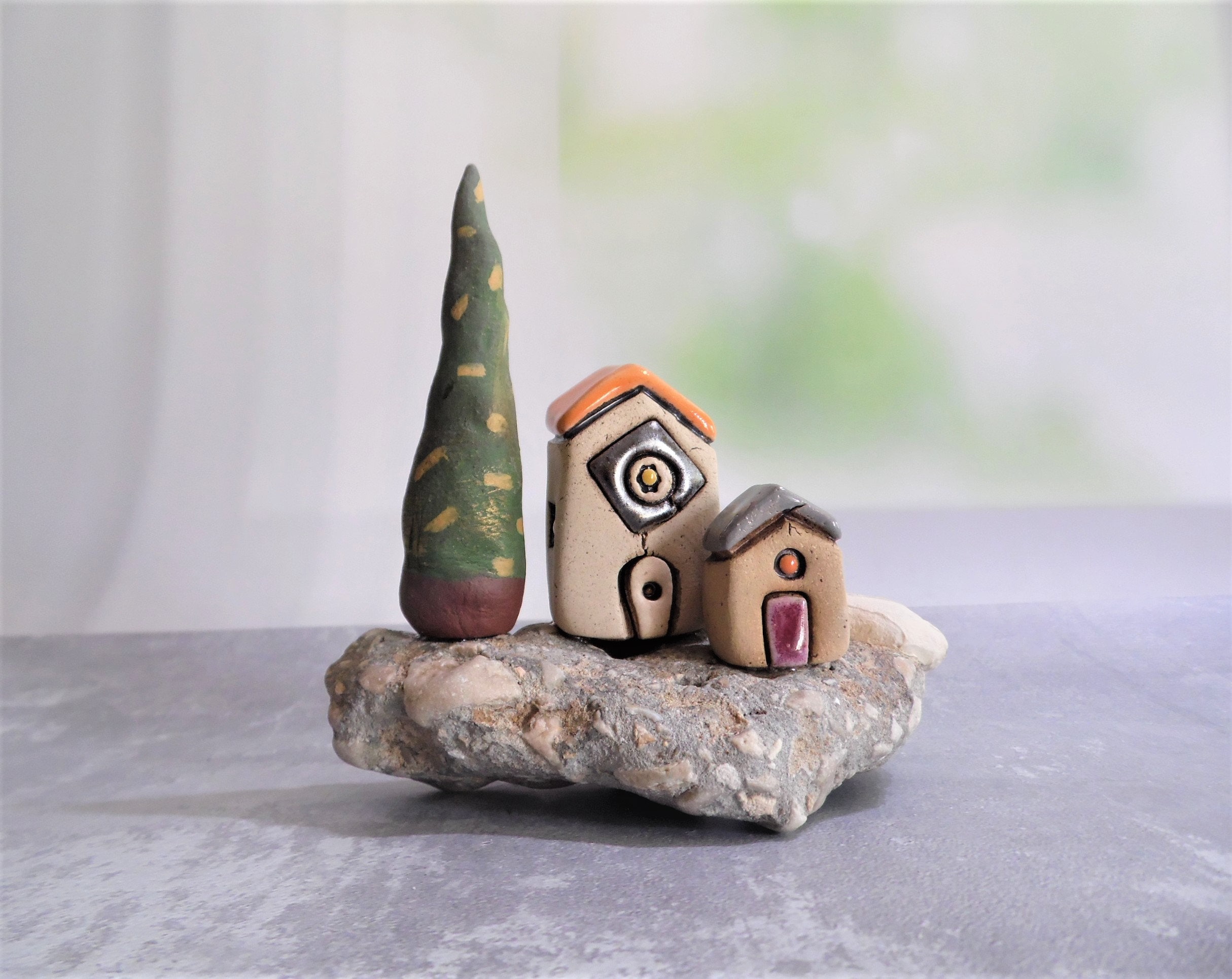 Small Village of Two Ceramic Houses and a Tree on a Natural | Etsy