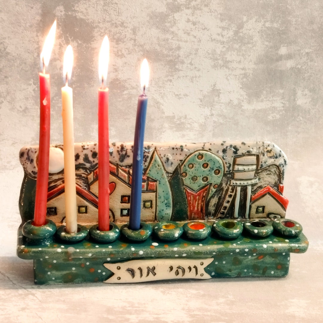 Hand Built & Painted Ceramic Hanukkah Menorah – Israeli Village Design ...