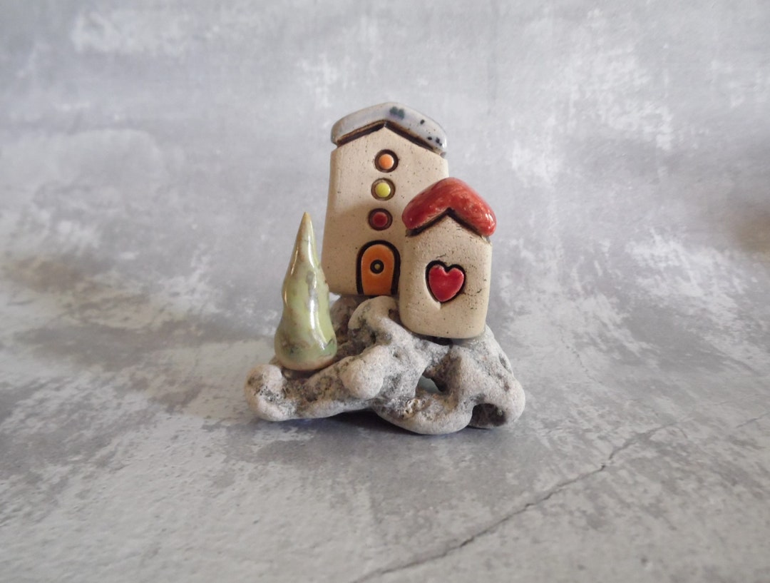 Ceramic Sculpture Clay Houses and a Tree on a Natural Beach Stone, Gift ...