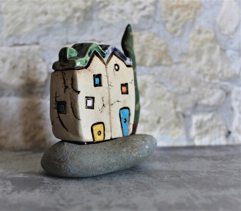 Small Rustic Art Home Decor of Clay Village House With a Tree - Etsy