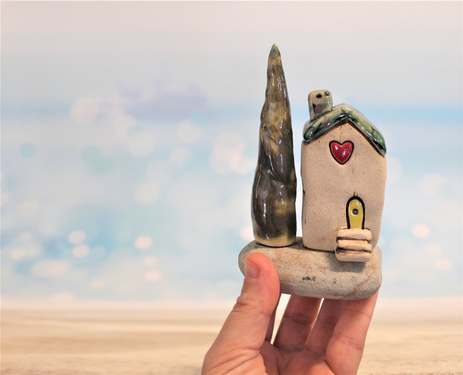 Handmade Ceramic House and a Tree on a Natural Beach Stone, Home Decor ...