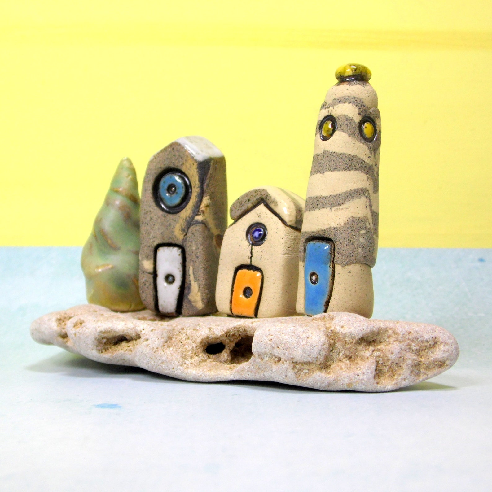 Miniature Lighthouse With Two Houses and Tree on Natural - Etsy