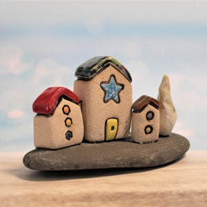 Ceramic Houses and a Tree on a Natural Stone, Original Art Object ...