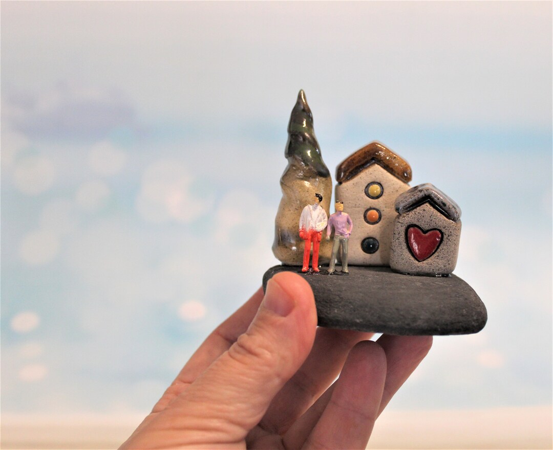 Ceramic Miniature Art, Miniature Beach Scene Art Object Including Two ...