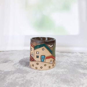 Hand Made Pottery of a Small Ceramic Vase With Village View Carved All ...