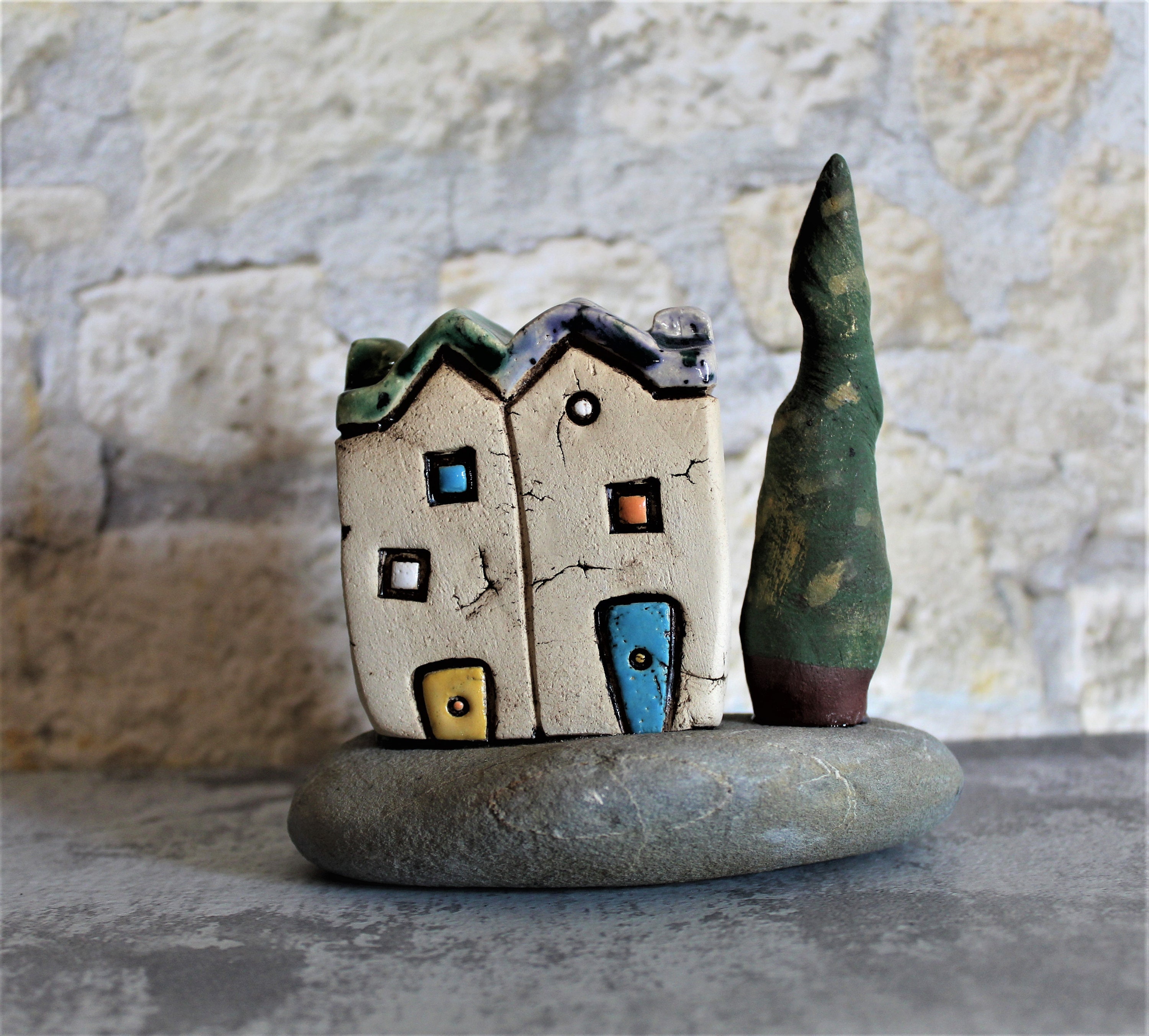 Small Rustic Art Home Decor of Clay Village House With a Tree - Etsy