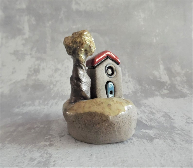 Small Sculpture of a Gray Rustic House and a Tree, Ceramic Miniature ...