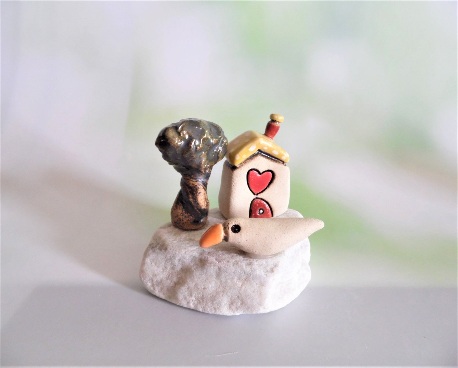 Miniature House Sculpture With a Bird and a Tree on a Quartz - Etsy