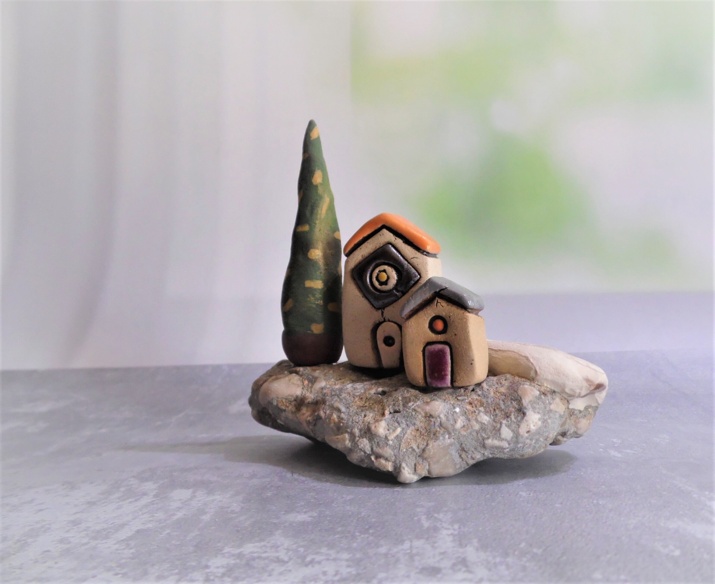 Small Village of Two Ceramic Houses and a Tree on a Natural | Etsy