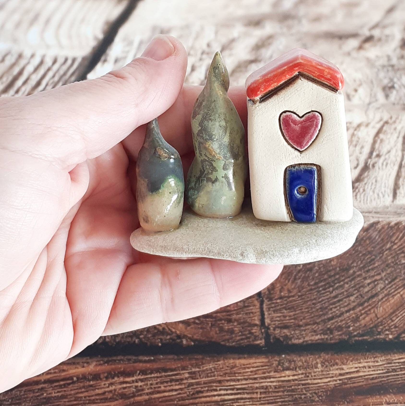 Small Ceramic House Sculpture With Two Little Trees on a | Etsy
