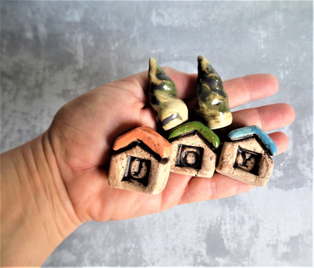 Set of 5 Miniatures Including Three Houses and Two Trees, Tiny Rough ...