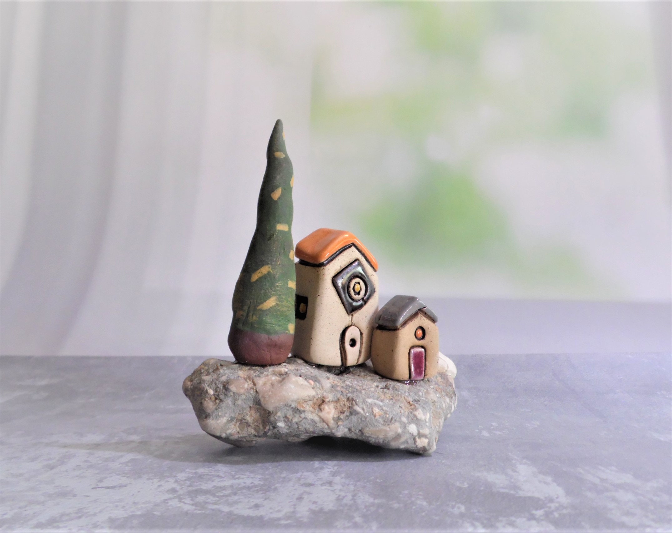 Small Village of Two Ceramic Houses and a Tree on a Natural | Etsy