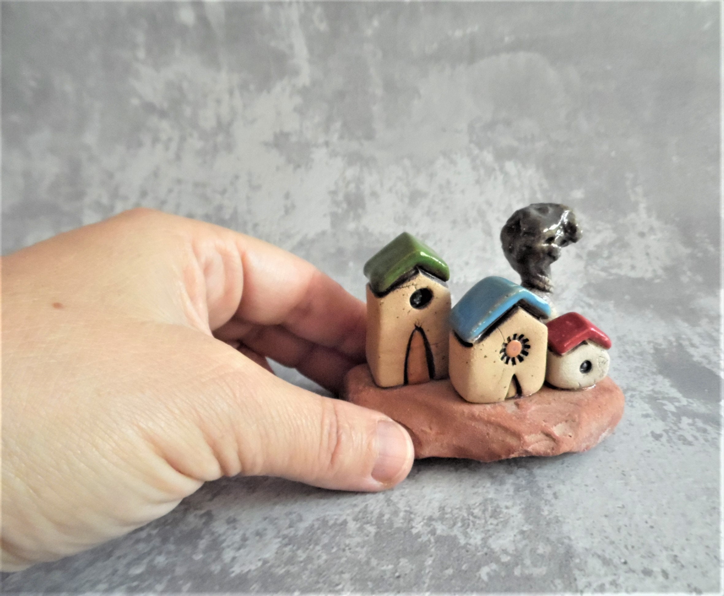Miniature ceramic village with clay houses on a roof tile | Etsy
