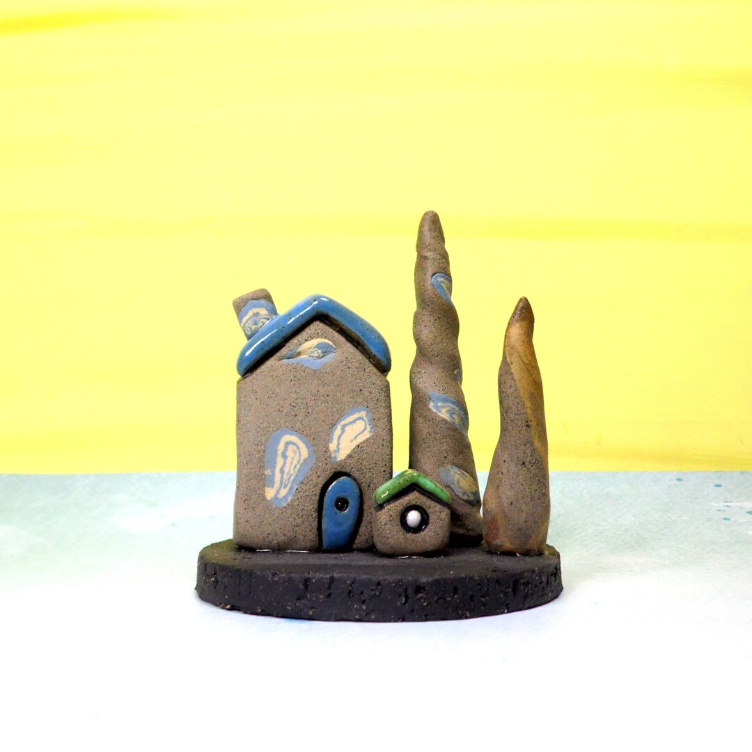 Rustic Home Decor of Clay House in Gray and Blue, Table Top Art Object ...