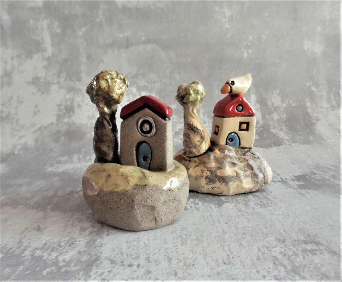 Small Sculpture of a Gray Rustic House and a Tree, Ceramic Miniature ...