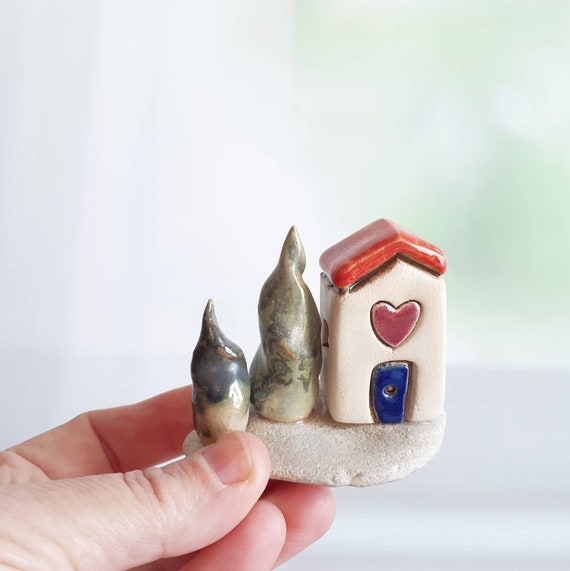 Small Ceramic House Sculpture With Two Little Trees on a | Etsy