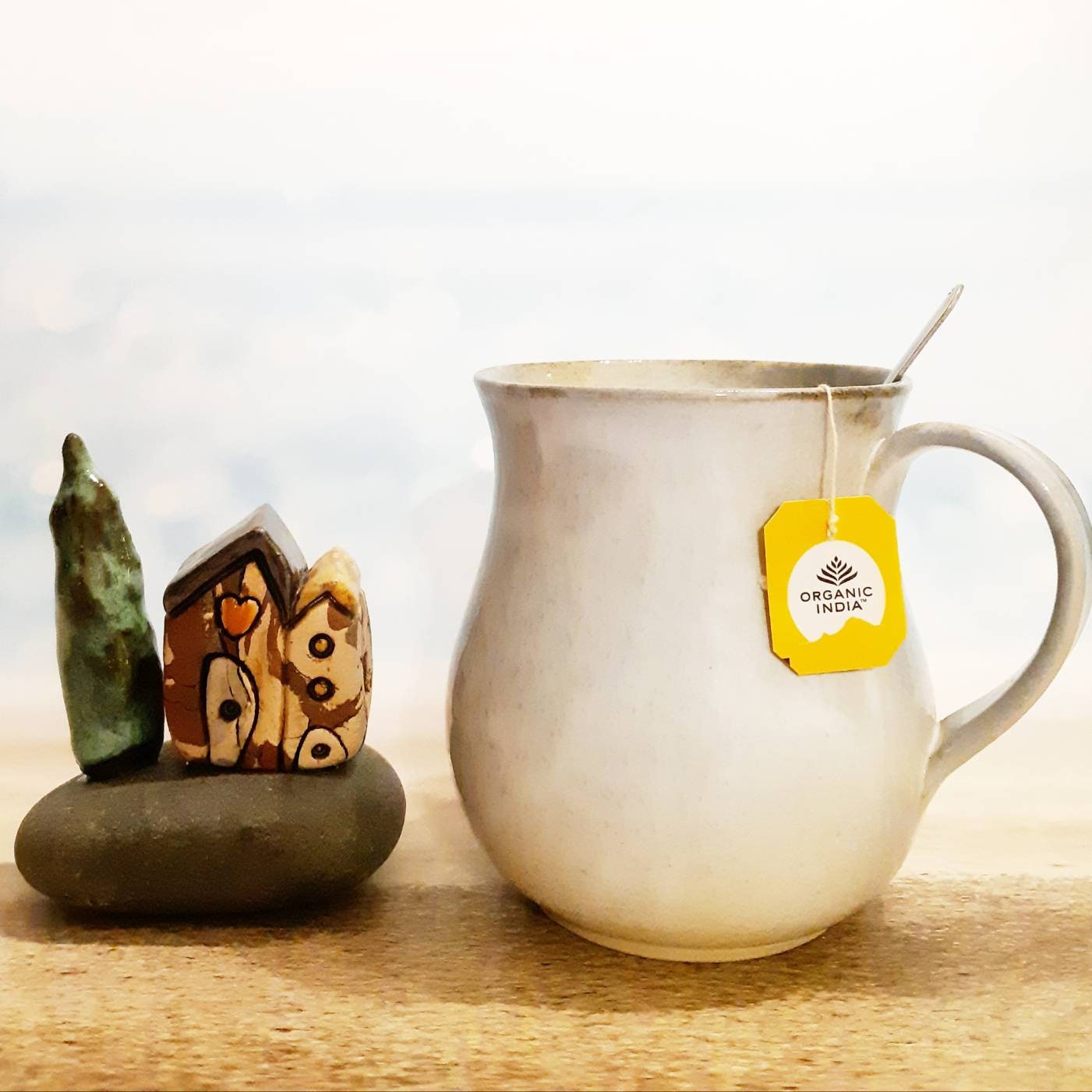Small Ceramic Home Decor of a Miniature Rustic Cottage and Tree Made of ...