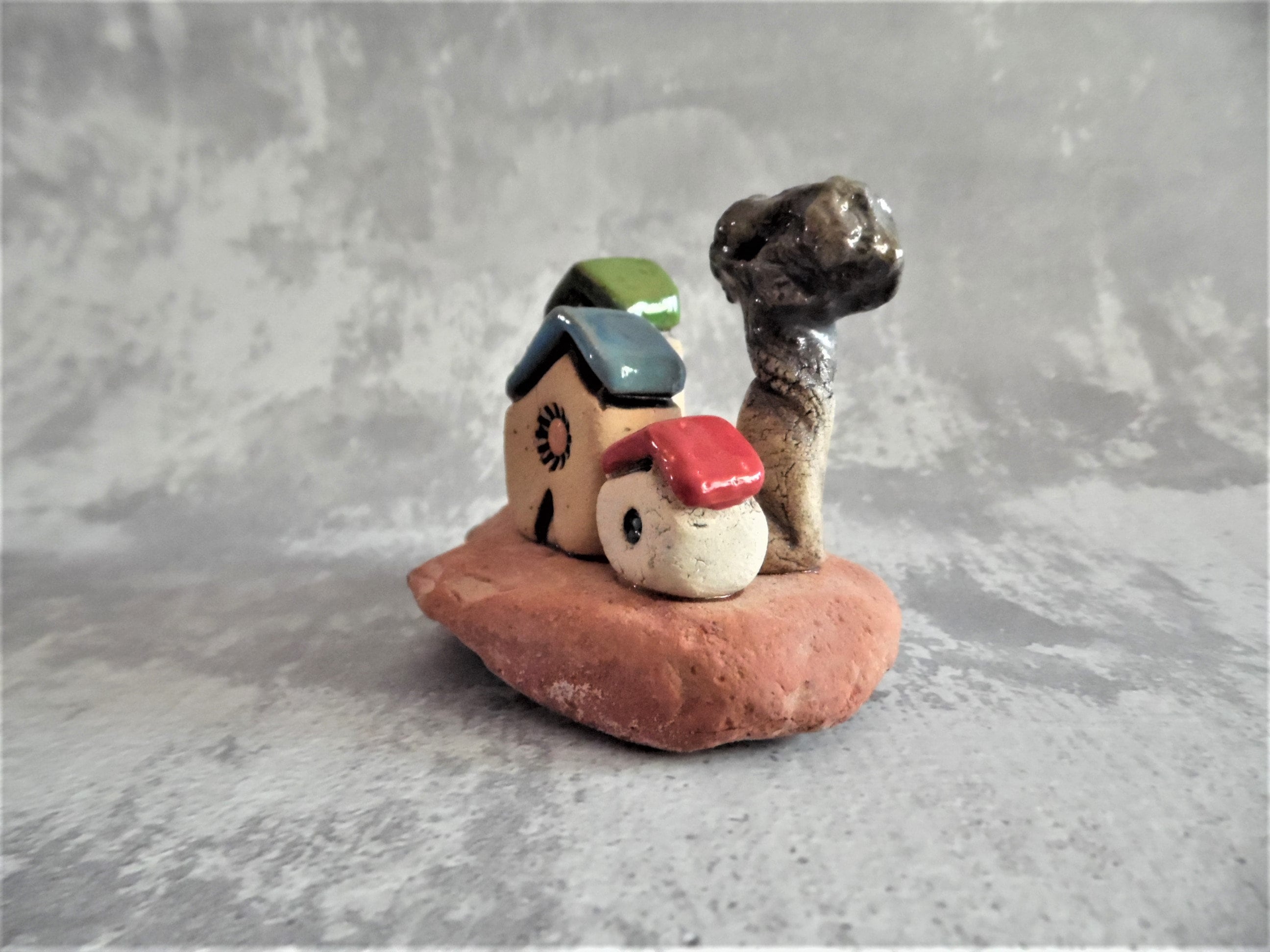 Miniature ceramic village with clay houses on a roof tile | Etsy