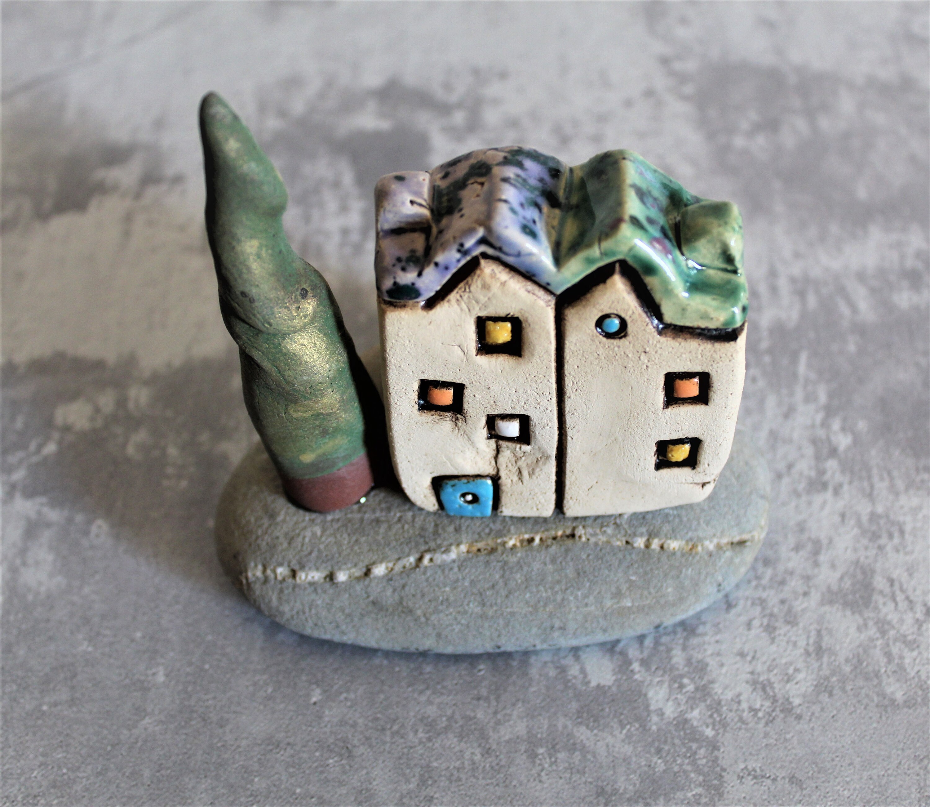 Small Rustic Art Home Decor of Clay Village House With a Tree - Etsy
