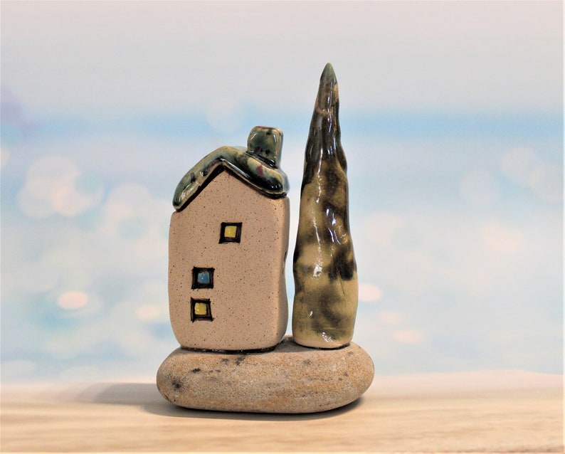 Handmade Ceramic House and a Tree on a Natural Beach Stone, Home Decor ...