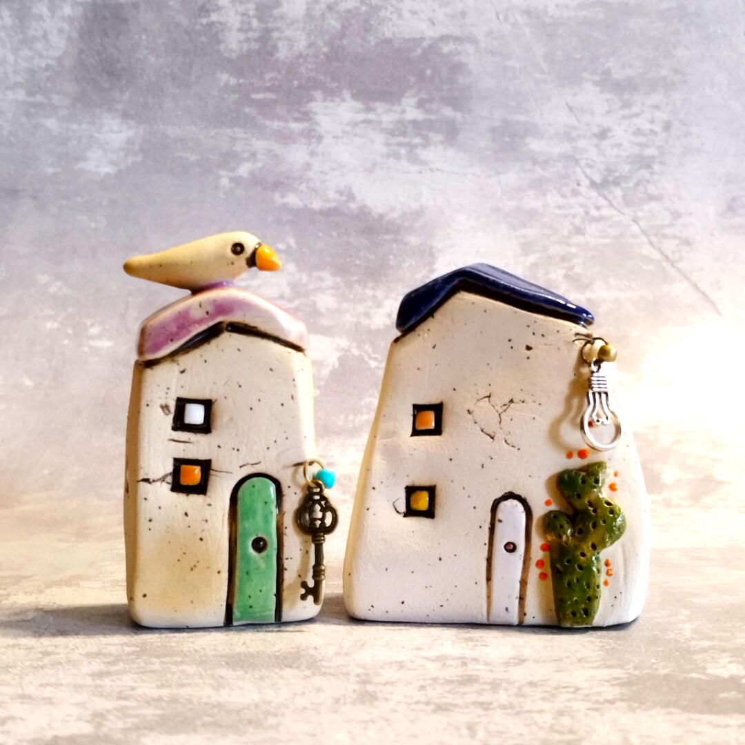 Set of 2 Miniature Ceramic Houses, Tiny Ceramic Houses, Housewarming ...