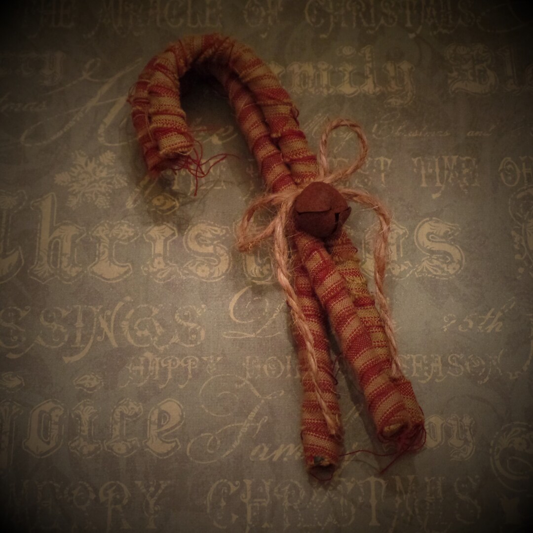 Homespun Fabric Candy Canes & Rusty Jingle Bell~farmhouse~country~twine ...