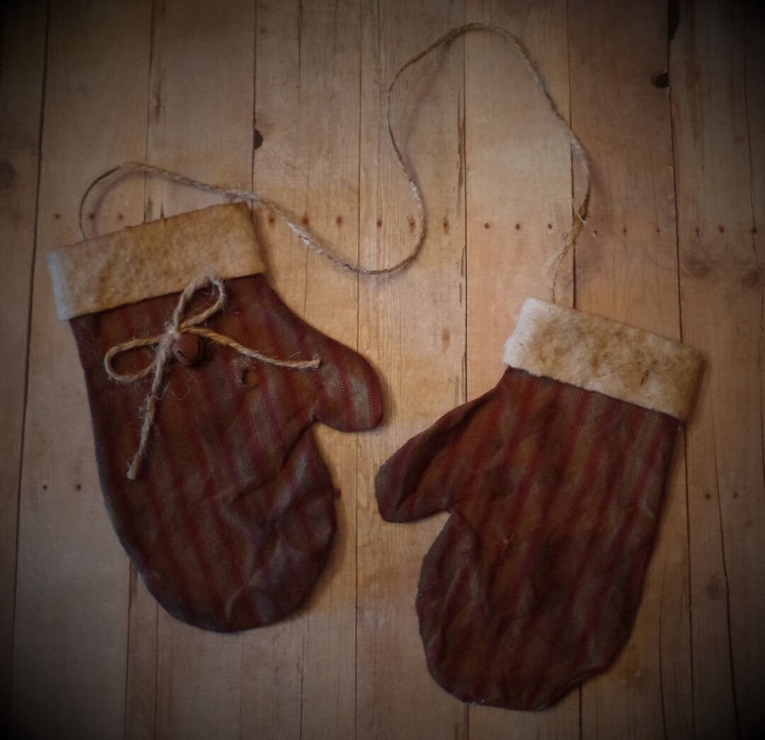 Primitive Christmas Homespun Mitten Set~aged~ornament~tree~decor~twine ...