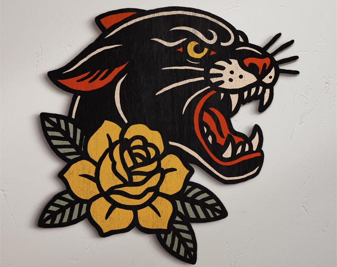 PANTHER ROSE Tattoo Wall Art – Vintage Style Wooden Wall Art – Handmade ...