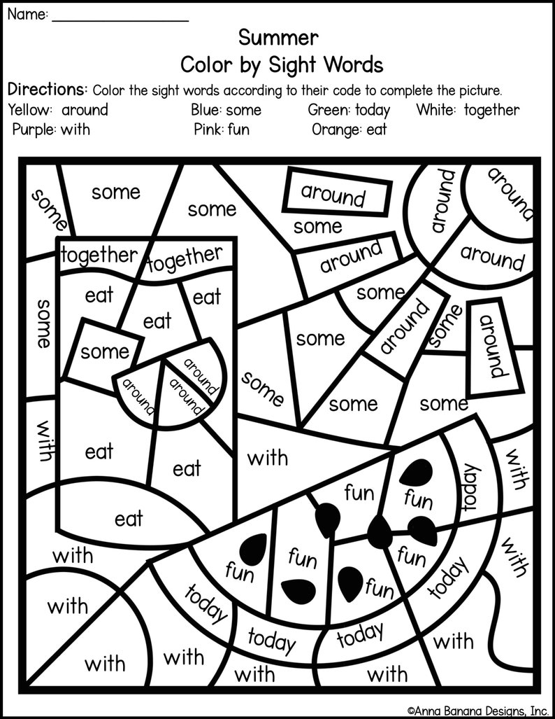 Summer Color by Sight Words, Color by Sight Words Summer, Summer Sight ...