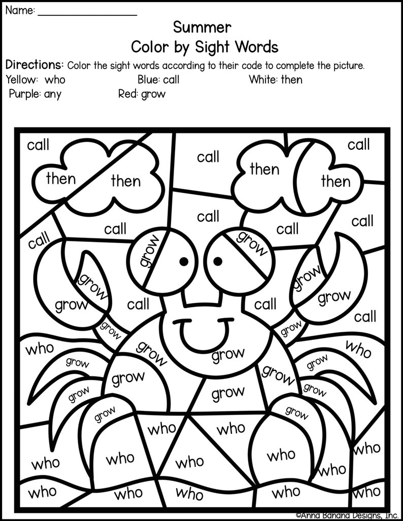 Summer Color by Sight Words, Color by Sight Words Summer, Summer Sight ...